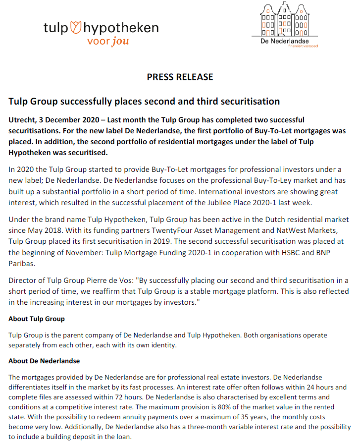 Dutch mortgage lender Tulp Group successfully places its second and third securitization - De ...